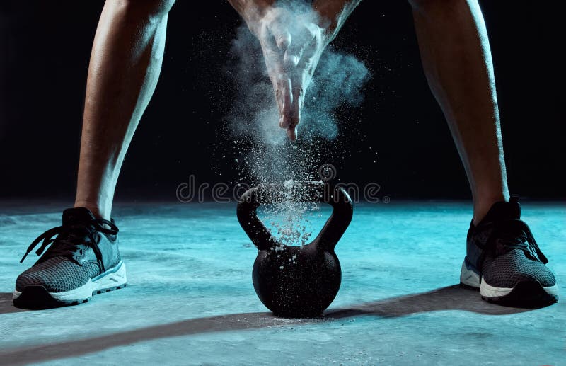 Studio, Hands and Chalk with Kettlebell for Bodybuilding, Exercise and ...