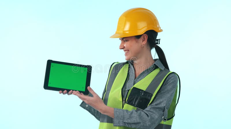 Studio, Happy Woman or Architect with Tablet Green Screen for ...