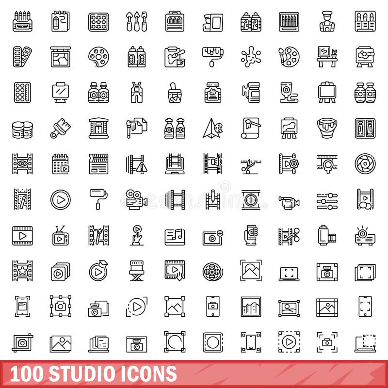 100 Studio Icons Set, Outline Style Stock Vector - Illustration of ...