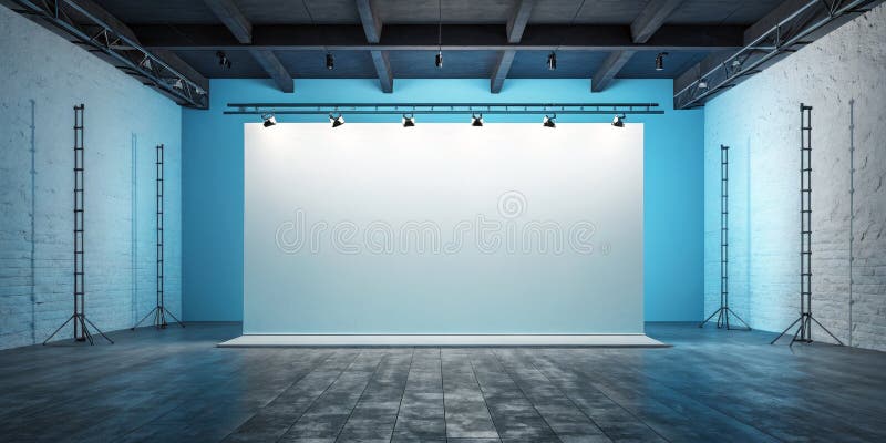 Studio Interior White Backdrop, Lighting, Concrete Floor, Blue Accent ...
