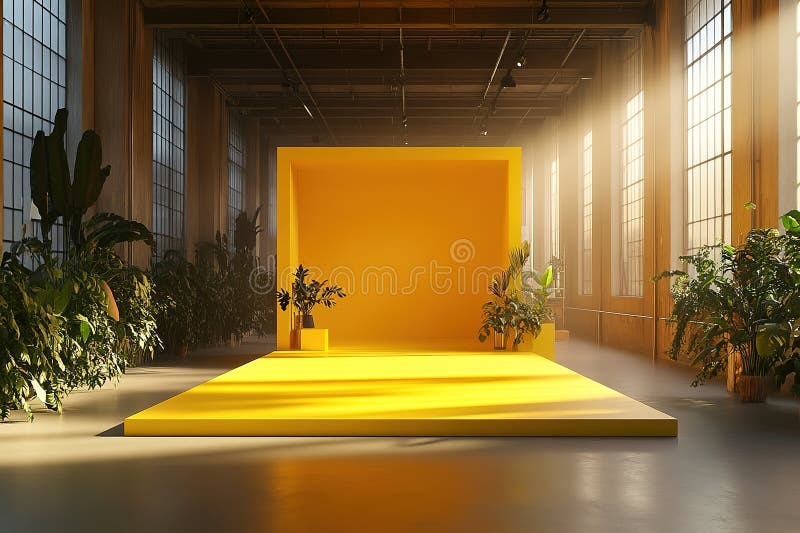 Studio Interior with Yellow Platform, Tropical Plants, Sunlit Windows ...