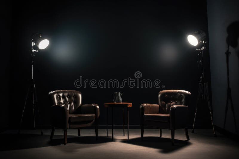 Two Chairs and Spotlights in Podcast or Interview on Black Background ...