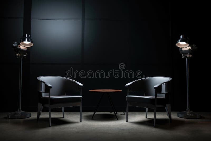 Podcast Room Interior with Two Empty Chairs and Spotlights. Generative ...