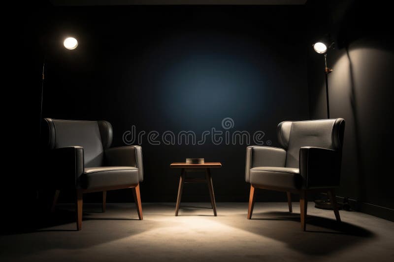 Two Chairs and Spotlights in Podcast or Interview on Black Background ...