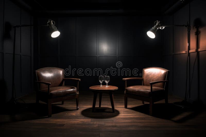 Two Chairs and Spotlights in Podcast or Interview on Black Background ...