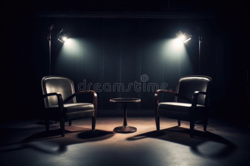 Podcast Room Interior with Two Empty Chairs and Spotlights. Generative ...