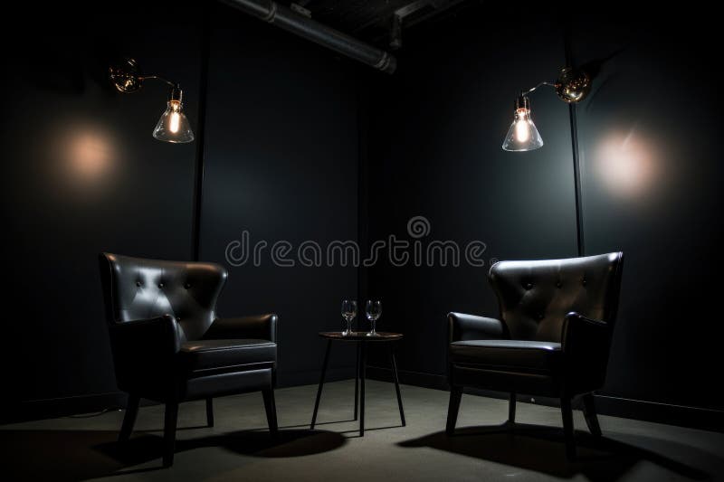 Two Chairs and Spotlights in Podcast or Interview on Black Background ...