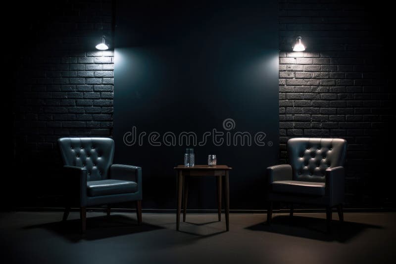 Two Chairs and Spotlights in Podcast or Interview on Black Background ...