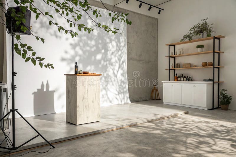 Studio Kitchen Room with Shadow Leaves and Light Cement Floor Stock ...