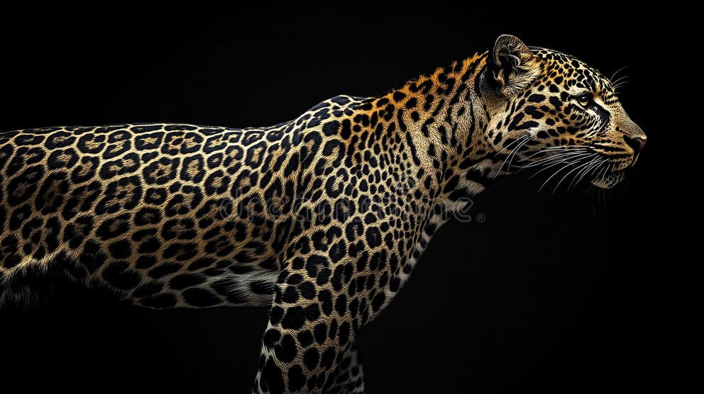 Studio Leopard Profile, Black Background, Wildlife Portrait, Conservation Stock Illustration ...