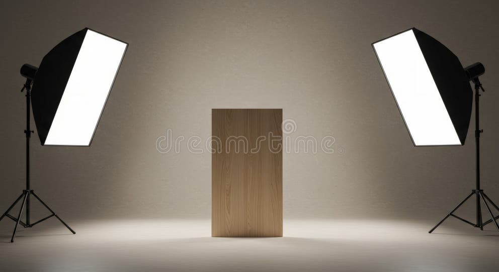 Studio Lighting Setup with Wooden Prop and Softbox Lights for Pr Stock ...