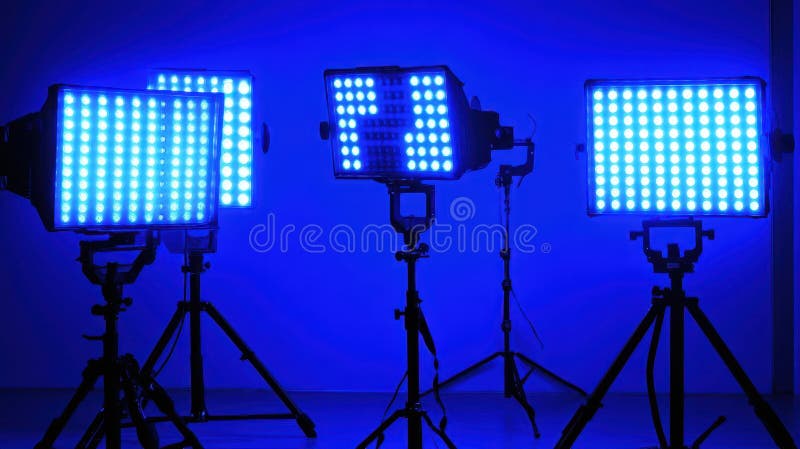 Studio Lighting Three LED Panels Illuminated in Blue for Photography ...