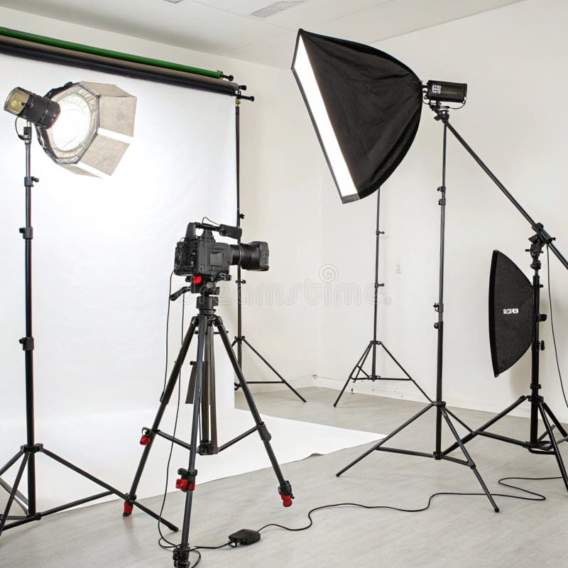 Studio Lights Camera Set Up Isolated on White Background Stock ...