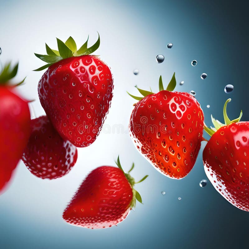 Studio Lit Strawberries Falling in the Air with Drops of Water Stock ...