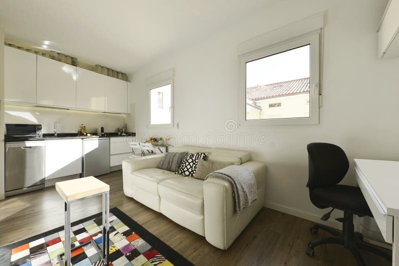 Studio Living Room with White Leather Sofa, Open Plan Kitchen, Light ...
