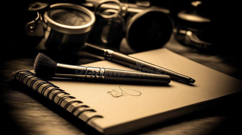 Studio Makeup Brushes Sketchbook Camera Still Life Stock Image - Image ...