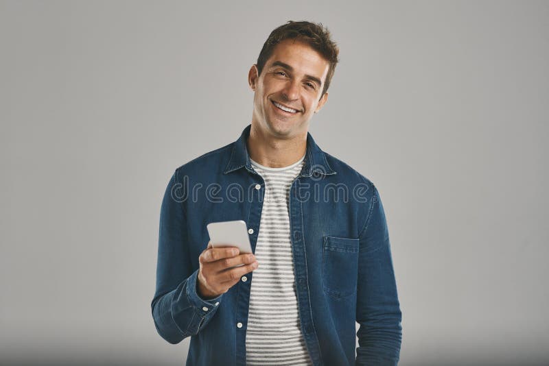 Studio, Man and Portrait with Smartphone for Laugh, Funny News and ...