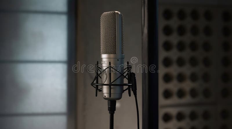 Studio Microphone with Audio Waveform on Concrete Wall Background ...