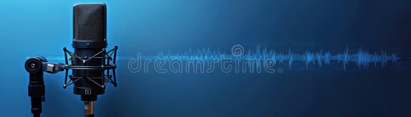 Studio Microphone Capturing Sound Waves on a Blue Background ...