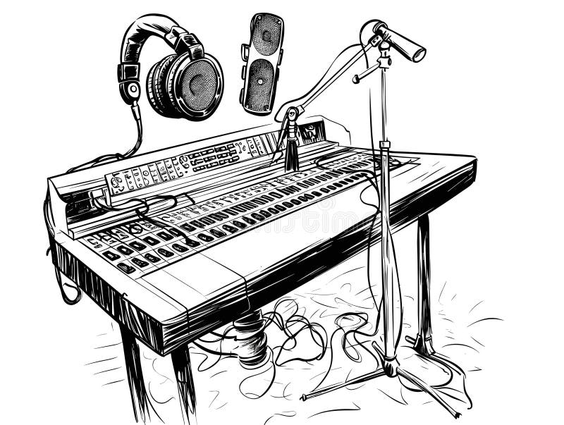 Studio Microphone and Mixing Console in Hand-drawn Style Stock Vector ...