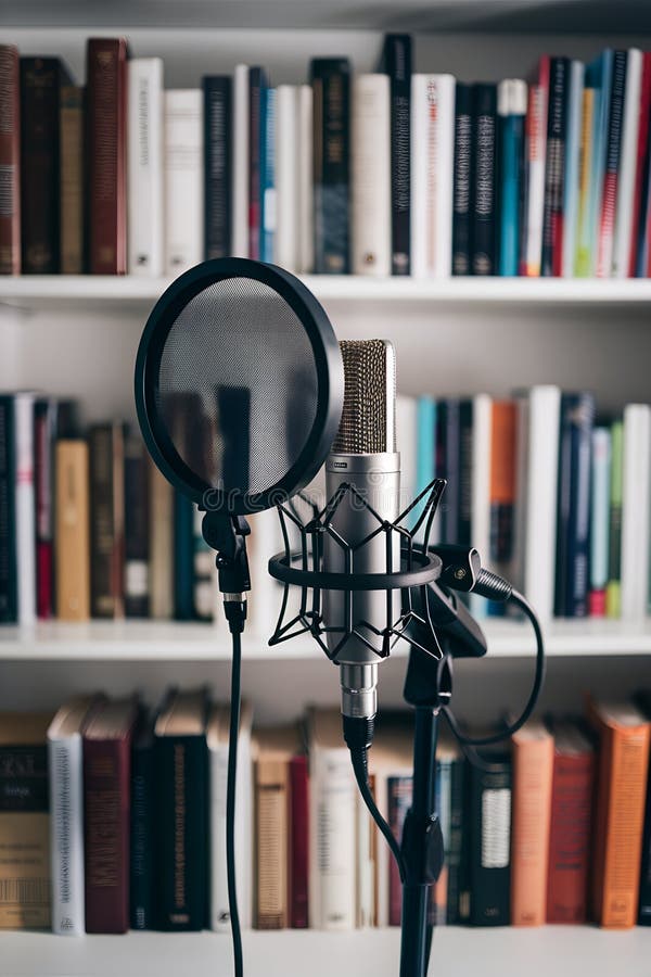 Studio Microphone and Pop Filter on Desk with Bookshelf Background ...