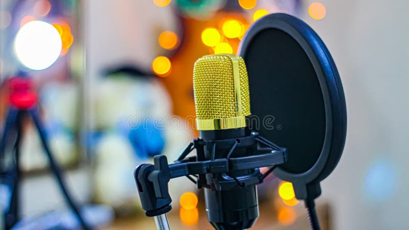 Studio Microphone and Pop Shield on Microphone Stand with Lights ...
