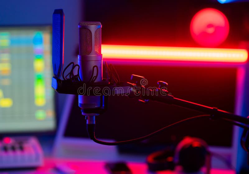 Studio Microphone in a Recording Studio with Neon Light Stock Photo ...