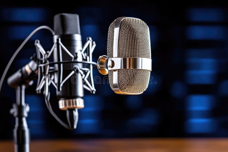 Studio Microphone Setup on Blue Background Stock Illustration ...
