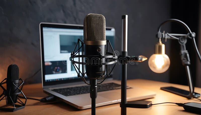 Studio Microphone Setup Warm Lighting, Professional Aesthetic Stock ...