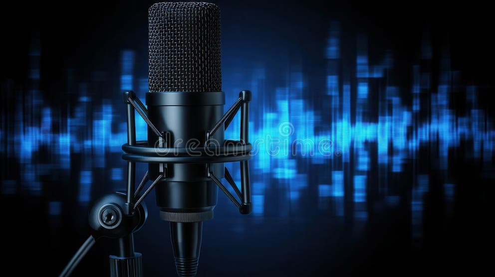 Studio Microphone on Stand with Blue Soundwave Background for Audio ...