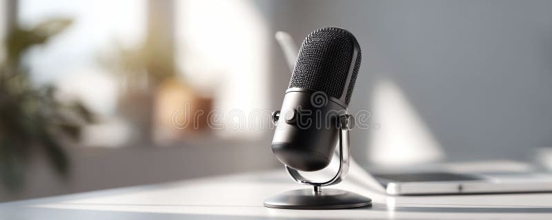 Studio Microphone Stands Ready on a Bright Desk. Represents Voice ...