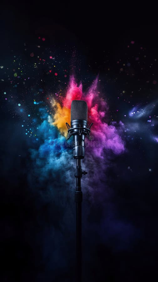 Studio Microphone with Vibrant Powder Explosion on Black Background ...