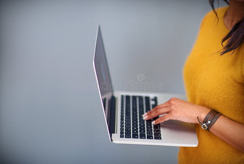 Studio, Mockup and Hands of Person with Laptop for Ecommerce, Typing ...