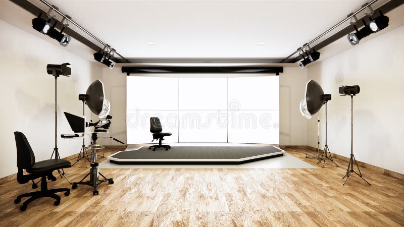 Studio - Modern Film Studio with White Screen. 3D Rendering Stock ...