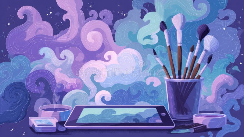 Studio with Paintbrushes, Tablet, and Swirling Ambient Paint Textures ...