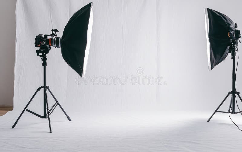 Studio Photography Lighting Setup with Softboxes on Tripods Stock ...