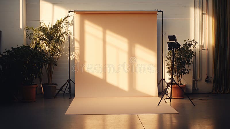 Studio Photography Setup with Beige Backdrop, Lighting Equipment, and Plants Stock Image - Image ...