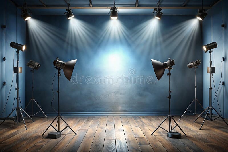 Studio Photography Setup with Lighting and Dark Blue Background Stock ...