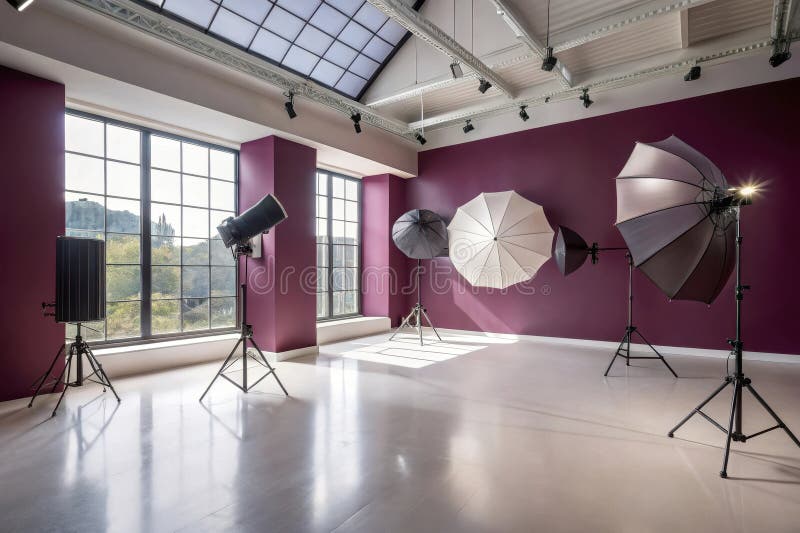 Studio Photography Setup with Lighting Equipment and Umbrellas in a ...