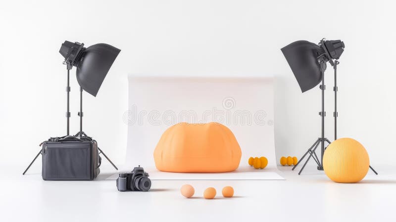 Studio Photography Setup with Orange Props and Camera Equipment Stock ...