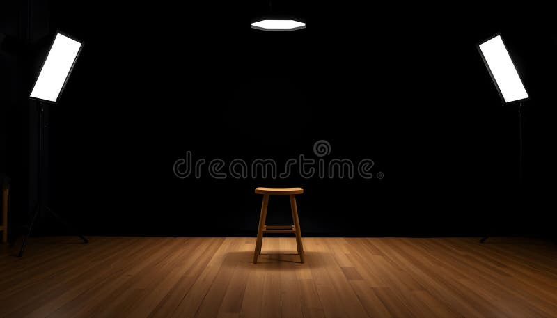 Studio Photography Setup with Wooden Stool, Dramatic Lighting, and ...