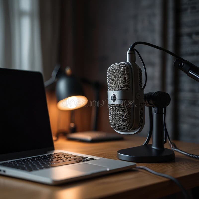 Studio Podcast, Laptop, Lamp and Microphone on the Table, Close-up ...