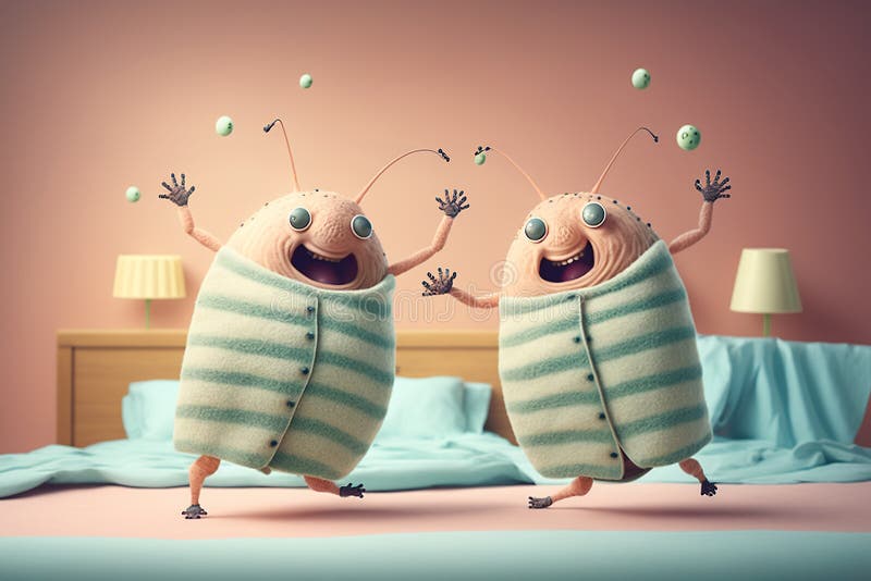Studio Portrait of Bedbugs in Terry Bathrobes Joyfully Dancing on Bed ...