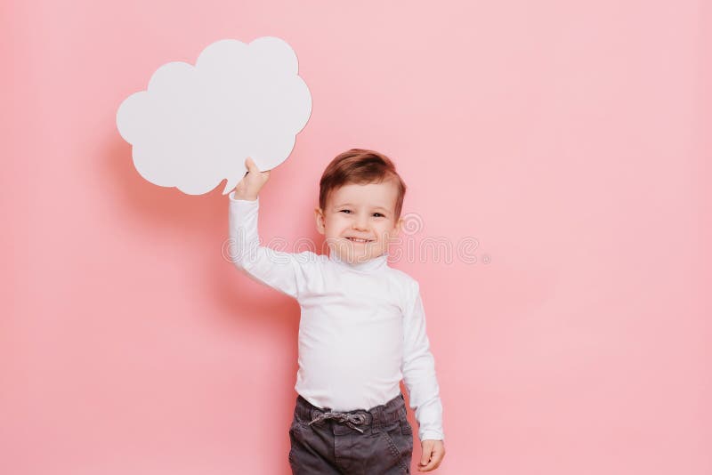 Studio Portrait of a Boy with a Blank White Board in the Shape of a ...