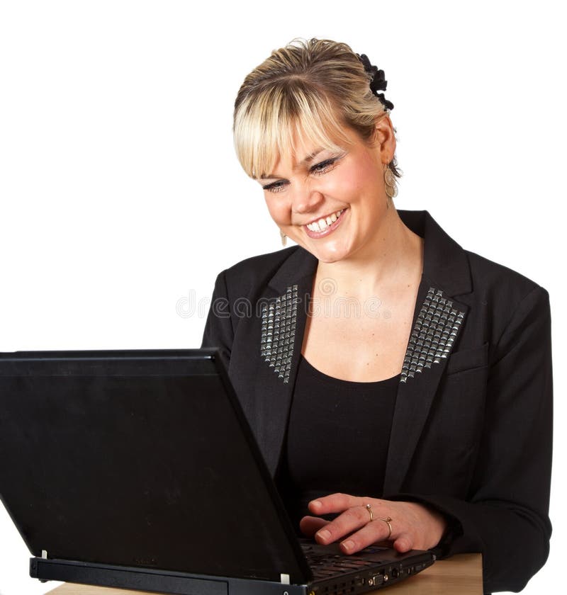 Studio Portrait of a Cute Blond Girl with a Computer Stock Image ...