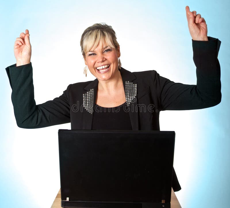 Studio Portrait of a Cute Blond Girl with a Computer Hands Up Stock ...