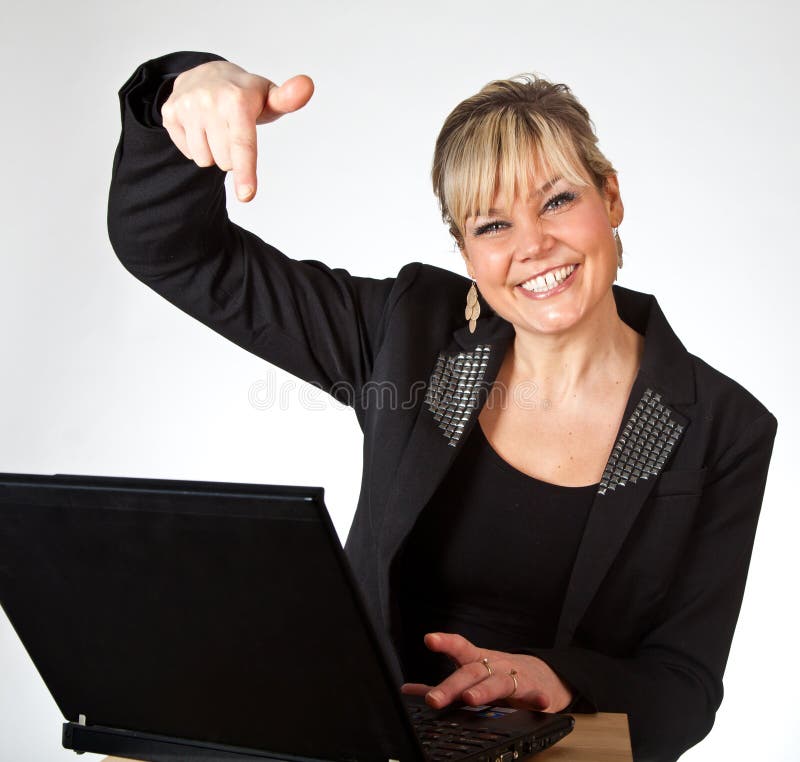 Studio Portrait of a Cute Blond Girl with a Computer Hands Up Stock ...