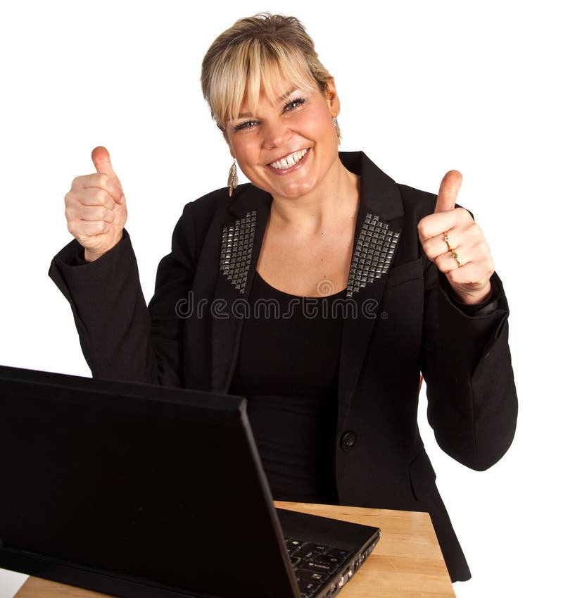 Studio Portrait of a Cute Blond Girl with a Computer Hands Up Stock ...