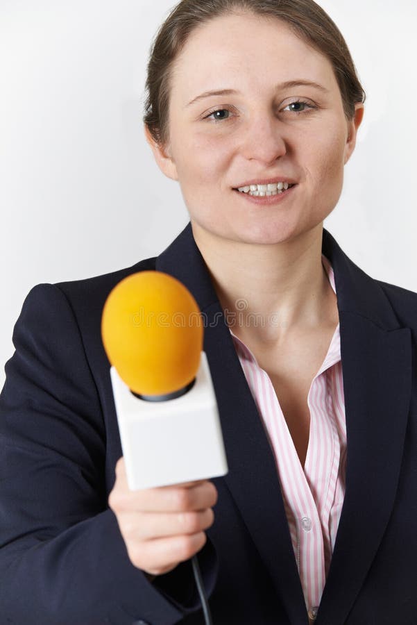 Studio Portrait of Female Journalist with Microphone Stock Image ...
