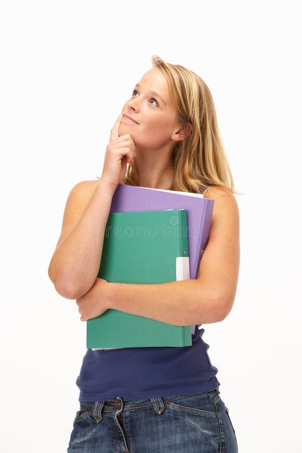 Studio Portrait of Female Student Holding Folders Stock Photo - Image ...
